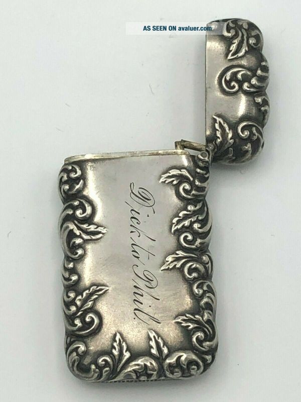 Antique Sterling Silver Match Safe With Pretty Scroll Edge | #27209101