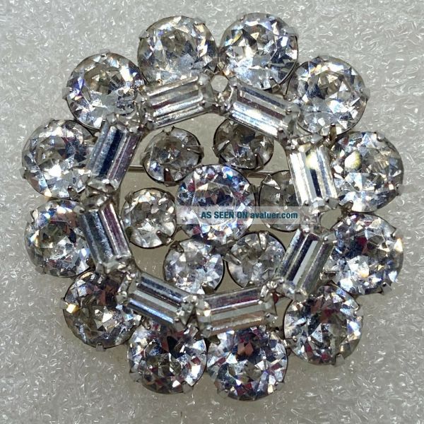 Signed WEISS Vintage FLOWER BROOCH Pin Baguette Rhinestone Costume ...