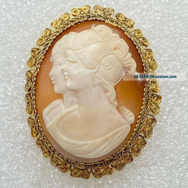 Signed Vintage CAMEO BROOCH Pin 14k Gold Plated 800 Silver Shell ...