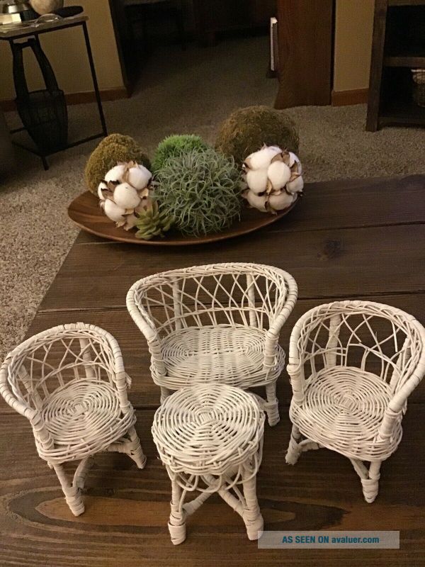 Vintage White Wicker Doll Furniture 4 Piece Set Chairs And Table ...