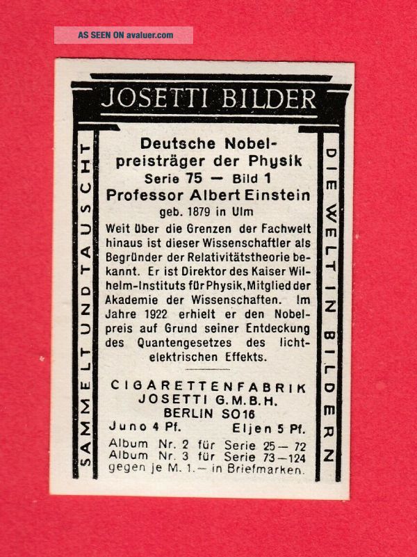VINTAGE 1928 Josetti Card ALBERT EINSTEIN Theoretical Physicist | #27453733