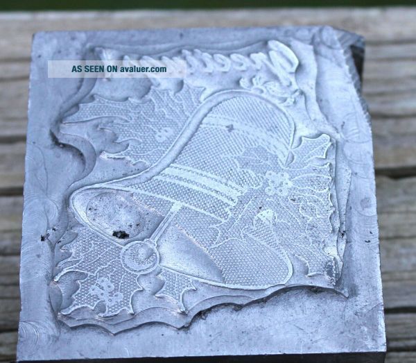 Vintage Letterpress Metal Printing Block Poinsettia Christmas Bell ...