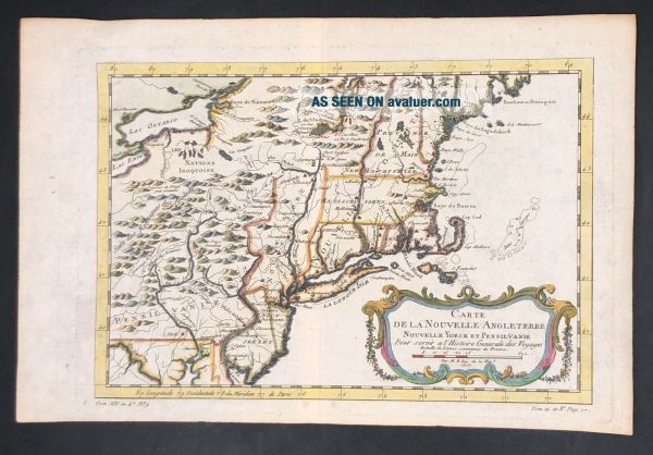 Antique 1757 Bellin Early Hand Colored Map Of England NY PA NJ CT VT NH ...