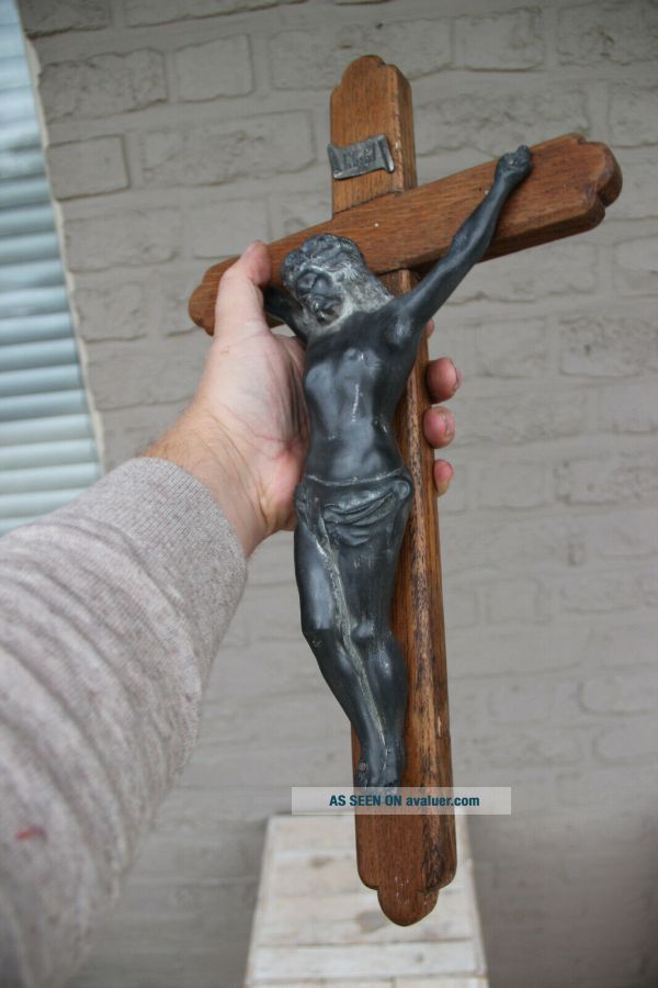 Antique French Religious Metal And Wood Crucifix | #27770001