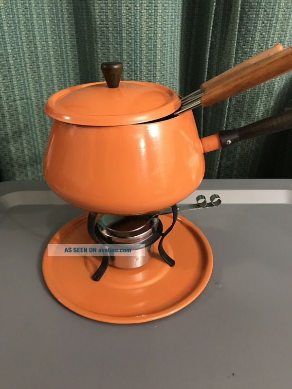 NWOB - Vintage Fondue Set Orange Pot With Six Forks Wood Handles ...