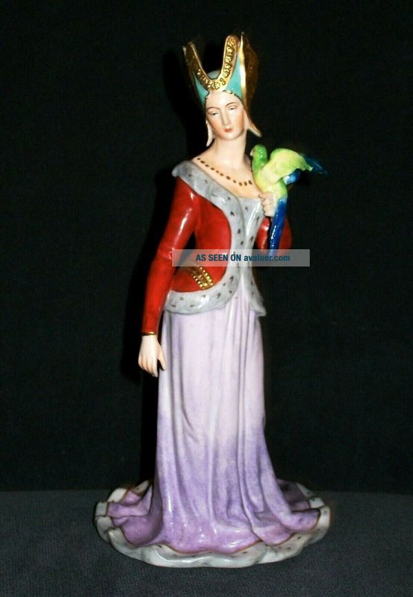 ANTIQUE GERMAN DRESDEN ART DECO MEDIEVAL LADY QUEEN WITH BIRD PORCELAIN ...