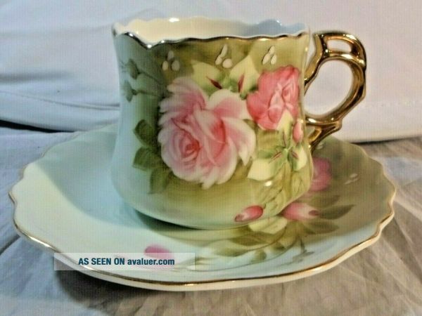 Vintage Lefton China Flat Cup & Saucer Heritage Green With Pink Roses ...