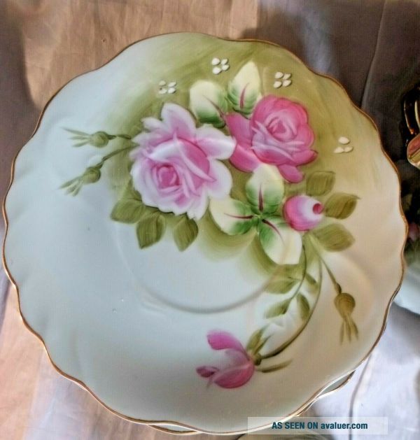 Vintage Lefton China Flat Cup & Saucer Heritage Green With Pink Roses ...