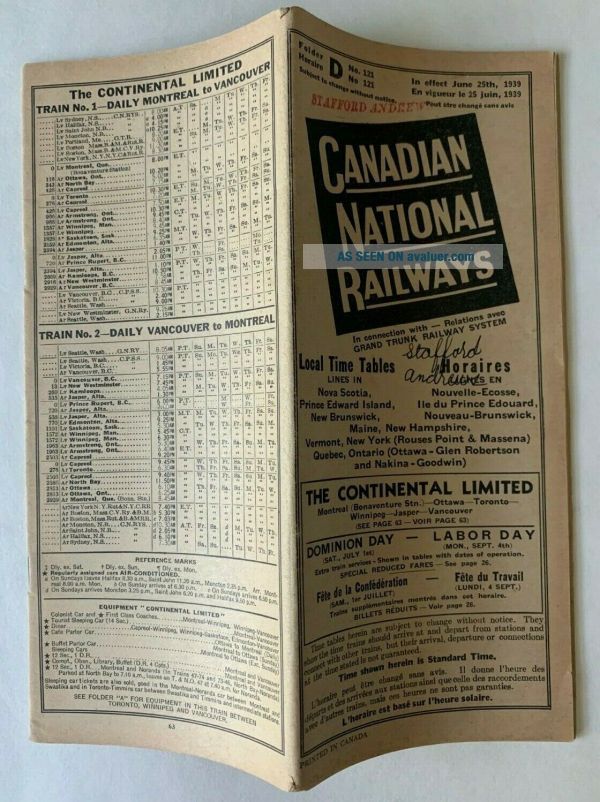 Vintage 1939 Canadian National Railways Railroad RR Timetable Booklet ...