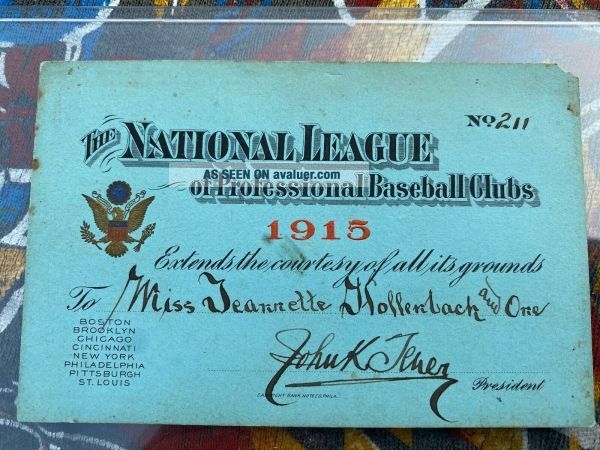 1915 National League Baseball Season Pass ALL PARKS Signed JOHN TENER ...