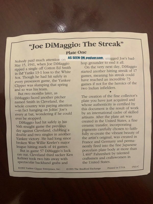 Joe DImaggio The Steak 56 From The Bradford Exchange Plate With ...