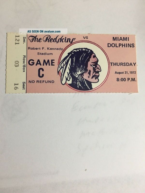 1972 Miami Dolphins @ Washington Redskins NFL Ticket Stub 8/31 ...