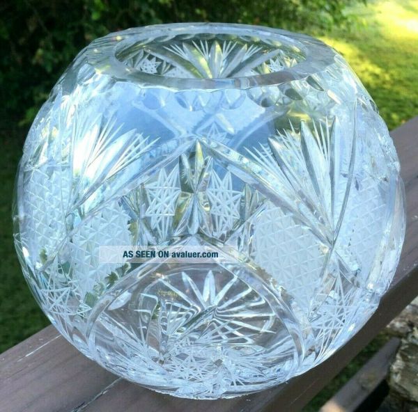 Large Heavy European Cut Glass Crystal Fish Bowl Vase Pinwheel Star ...