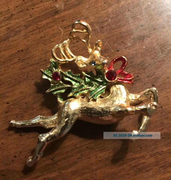 Vintage CHRISTMAS REINDEER Holiday Goldtone Enamel Red Rhinestone Pin ...