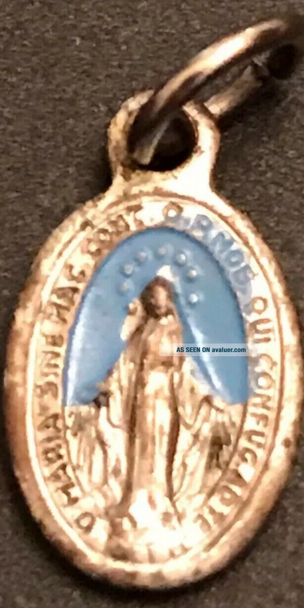 Vintage Catholic Miraculous Mary Blue Enamel Silver Tone Small Medal ...