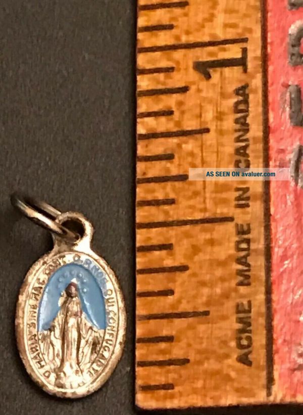 Vintage Catholic Miraculous Mary Blue Enamel Silver Tone Small Medal ...