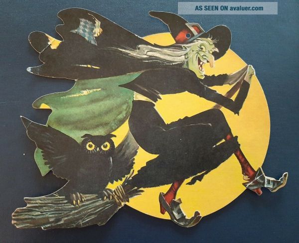 Vintage Dennison Halloween Diecut Witch And Owl On A Broom 1950s ...