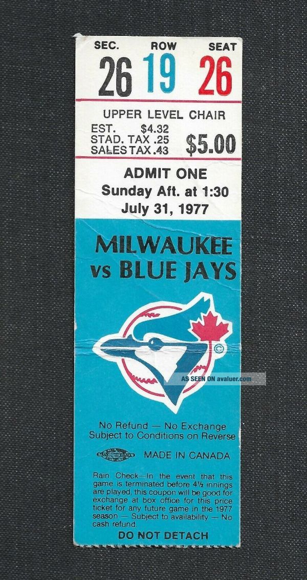 1977 Toronto Blue Jays 1st Season Ticket Stub Vs Milwaukee Brewers MLB ...