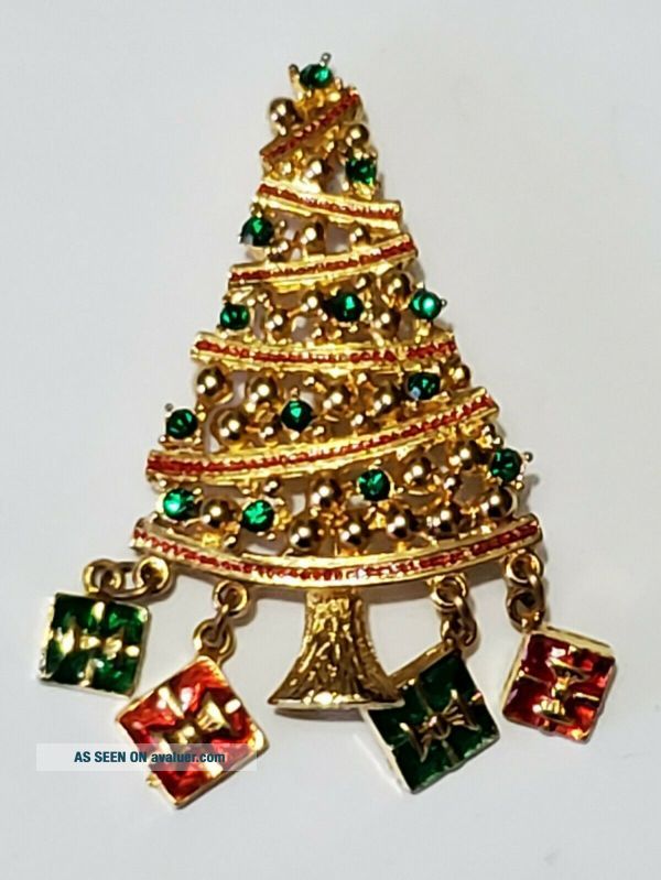 Vintage LIA Christmas TREE Pin W/ HANGING Dangling PRESENTS Gifts ...