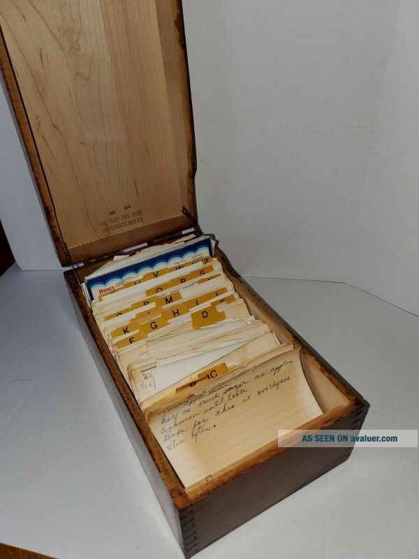 Vintage 1974 Dovetailed Wooden Recipe Box Full Of Recipes | #28588439