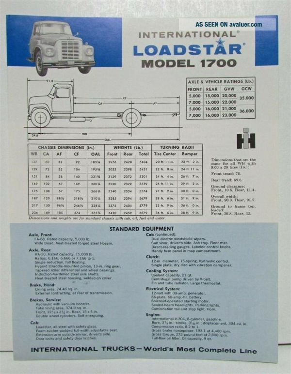 1962 International Harvester Truck Loadstar Model 1700 Specification ...