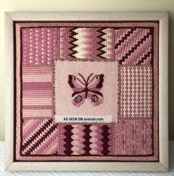 Vintage Framed Needlepoint Crewel Embroidery Wall Hanging Art Squares ...
