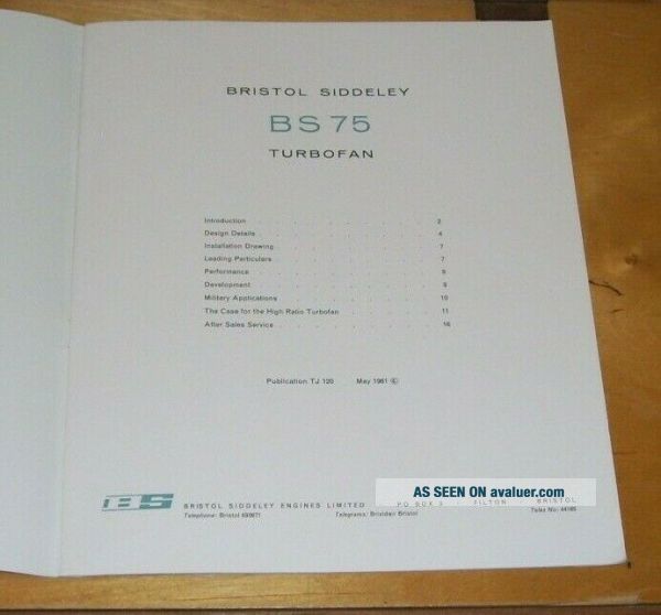 BRISTOL SIDDELEY BS 75 CIVIL TURBOFAN BROCHURE May 1961 Pub TJ 120 BAC ...