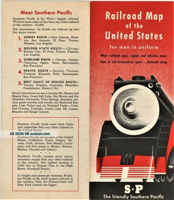 Ca. 1945 Southern Pacific Railways Railroad Map Of USA For Men In ...