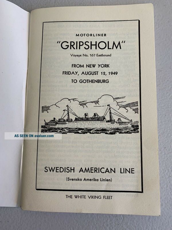 Passenger Ship List From Swedish American Line The Gripsholm 1949 NYC ...