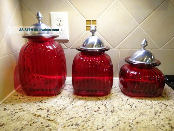 Vintage Artland Red Ribbed Glass Canister Set With Domed Metal Lids ...