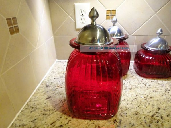 Vintage Artland Red Ribbed Glass Canister Set With Domed Metal Lids ...