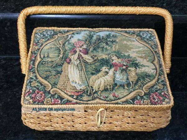 VINTAGE Wicker Padded Embroidered Sewing Basket W/ Handle Full Of ...