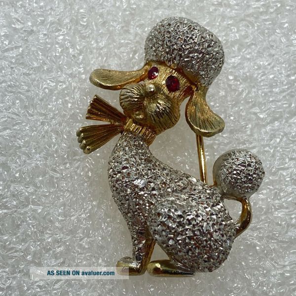 Vintage FRENCH POODLE Dog BROOCH Pin Red Rhinestone Two Tone Costume ...
