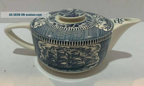 Vintage Currier And Ives Blue & White Tea Pot Clipper Ship And ...