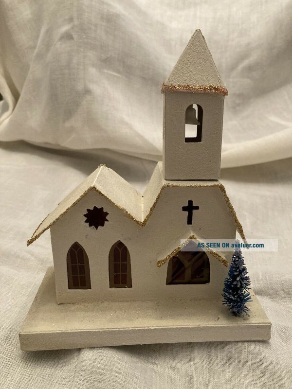 VINTAGE CHRISTMAS LARGE PUTZ CARDBOARD CHURCH WITH BELL IN STEEPLE ...