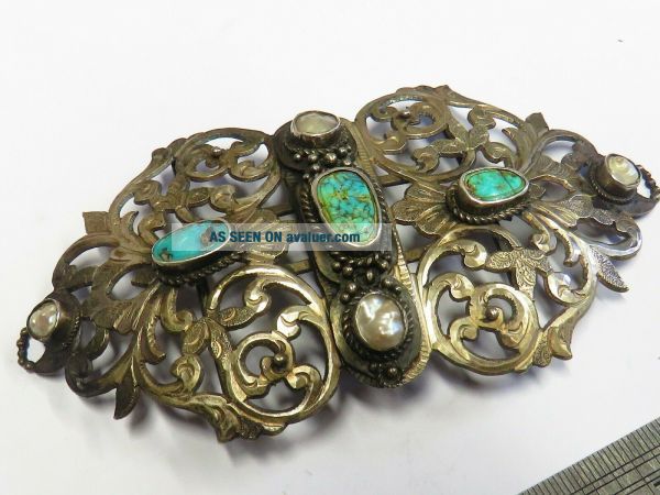Vintage Solid Silver Belt Buckle With Turquoise Stones Inset | #29100804