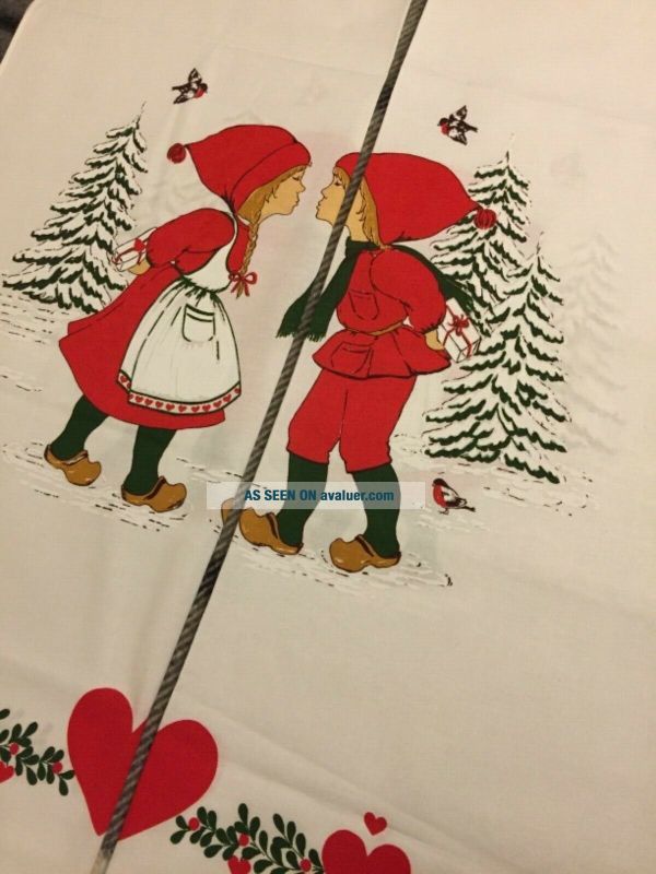 2p Vintage Swedish Christmas White Curtains Kissing Elves Snowy Trees ...