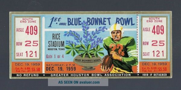 VINTAGE 1959 NCAA BLUE BONNET BOWL FULL FOOTBALL TICKET - CLEMSON ...