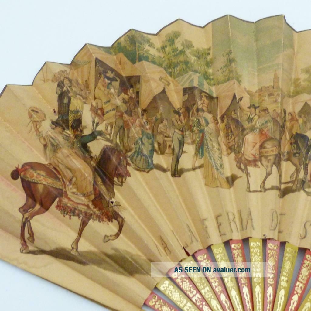 VINTAGE SOUVENIR SPANISH PAPER HAND FAN - THE SEVILLE FAIR | #39250406