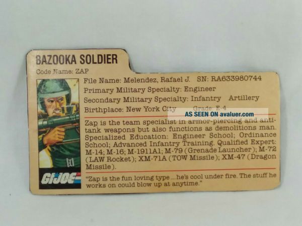Vintage GI Joe ARAH Bazooka Soldier ZAP File Card Only Hasbro 1982 ...