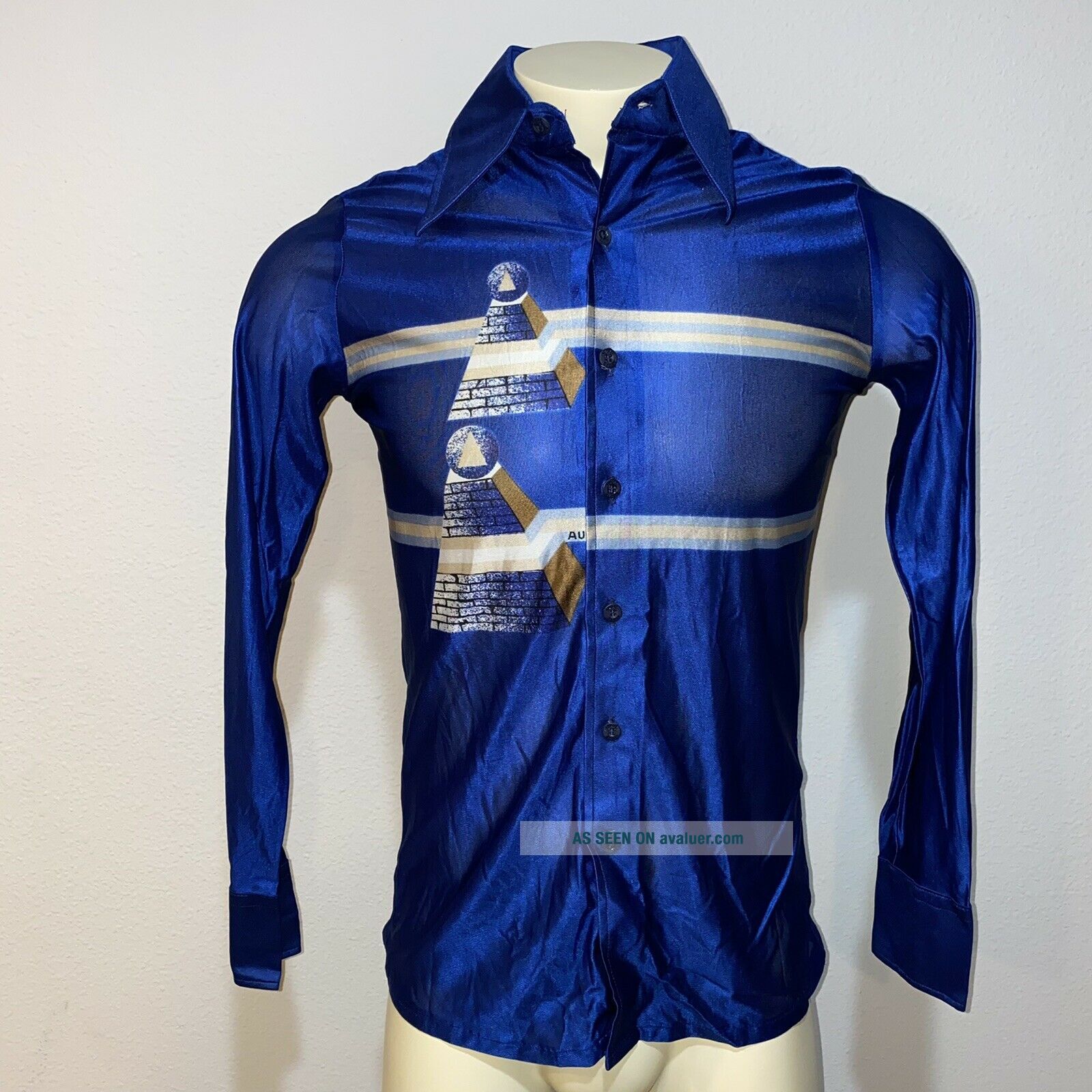 Vtg 60s 70s AUGIE Shirt Blue Nylon SATURDAY NIGHT FEVER Disco Hippie ...