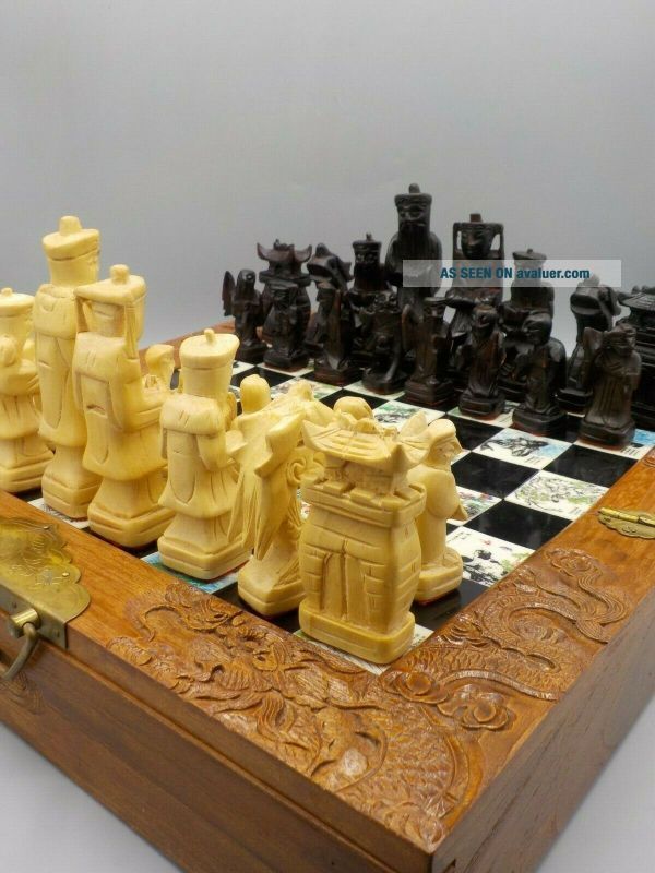 Vtg Hand Carved Wood Chinese Chess Set Etched Tile Folding Game Board ...