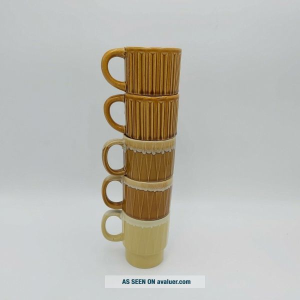5 Vintage Stacking Ceramic Coffee Cups Mugs Tan Drip Glaze Japan 1960s ...