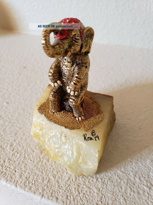Ron Lee Elephant Sitting On Platform Vintage Signed 1979 Gold Plated ...