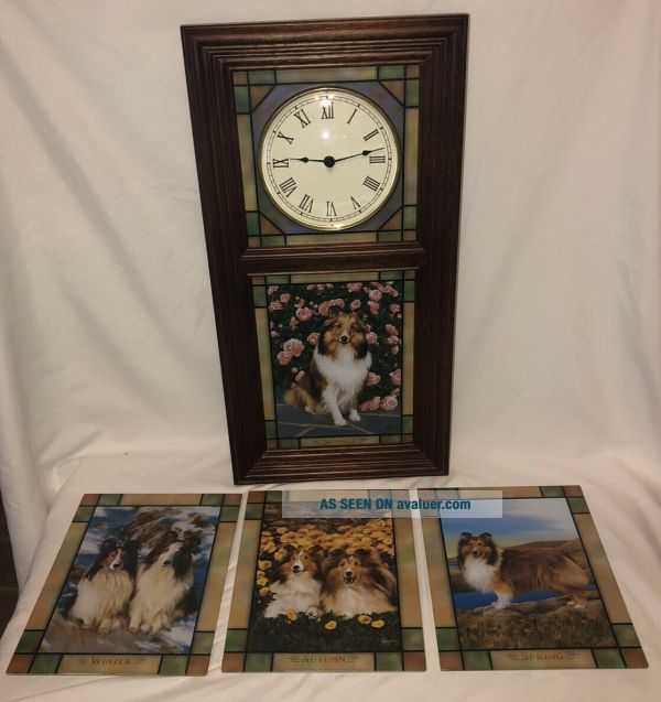 Danbury Sheltie Collie Dog Stained Glass Lighted Hanging Clock 4 Season ...