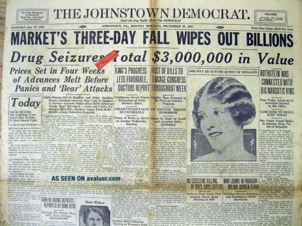 1928 Headline Display Newspaper NY STOCK MARKET CRASH Wall Street Loses ...