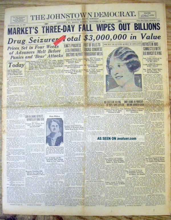 1928 Headline Display Newspaper NY STOCK MARKET CRASH Wall Street Loses ...