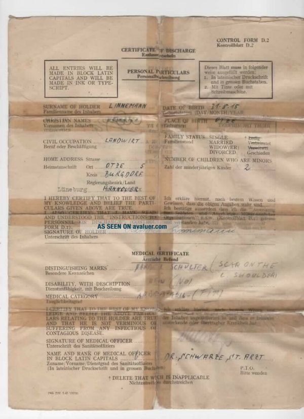 WW2 Stamp GERMAN DOCUMENT Card Certificate Discharge Medical 1945 ...