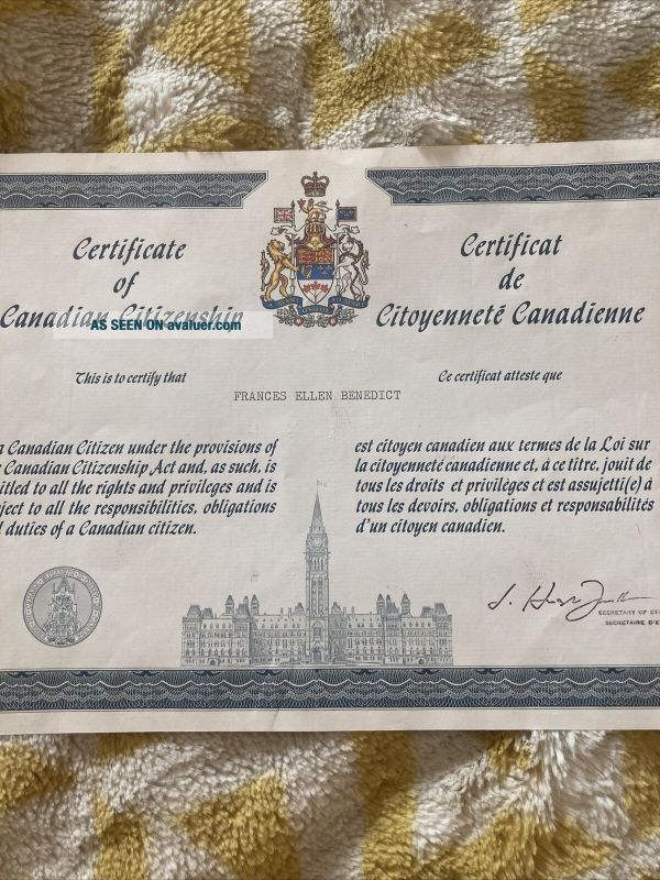 Certificate Of Canadian Citizenship 1975, Francis Ellen Benedict Born ...