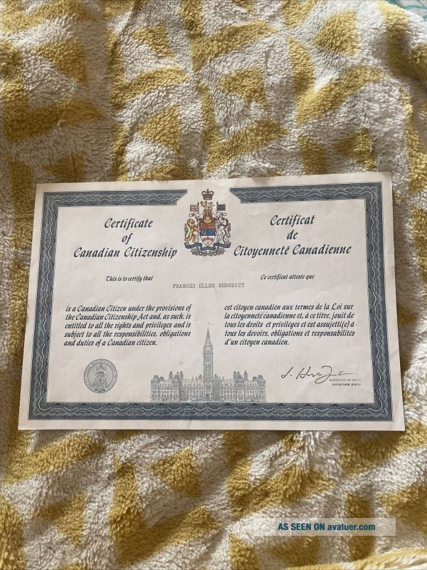Certificate Of Canadian Citizenship 1975, Francis Ellen Benedict Born ...